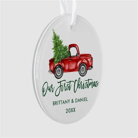 Green Brush Script Vintage Truck First Christmas Ornament Zazzle