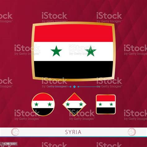 バーガンディの抽象的背景にスポーツイベントで使用するための金色の枠を持つシリア国旗のセット お祝いのベクターアート素材や画像を多数ご用意
