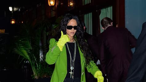 Rihanna Pairs Her Green Coat Dress With Savage X Fenty Gloves