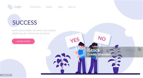 장점과 단점 아이디어에 대한 아이디어를 결정하기 위해 모임에서 남성과 여성 예 아무 징후도 들고 있습니다 현대 플랫 일러스트 개념에 대한 스톡 벡터 아트 및 기타 이미지