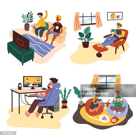 집에서 와 자신의 방에 무료 시간에 게임 콘솔 모바일 게임 핸드 헬드 게임 및 컴퓨터 게임을 행복한 사람들의 세트는 자신의 방에 평면 벡터 일러스트 아이들은 비디오 게임과
