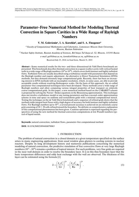 Pdf Parameter Free Numerical Method For Modeling Thermal Convection In Square Cavities In A