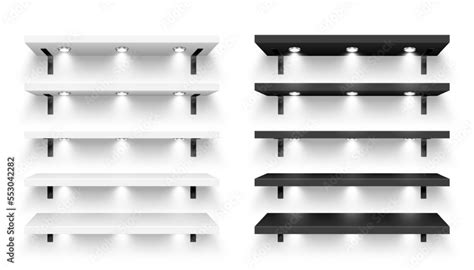 Realistic Store Shelves With Wall Mount And Lighting Spotlights Empty Product Shelf Grocery