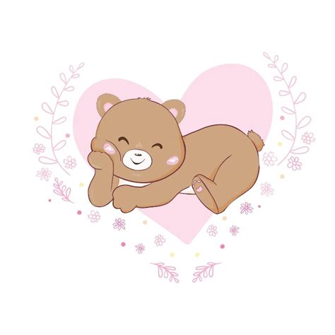 빨간 하트를 들고 있는 귀여운 테디 베어의 벡터 그림 프리미엄 벡터