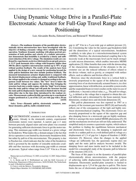 Pdf Using Dynamic Voltage Drive In A Parallel Plate Electrostatic Actuator For Full Gap Travel