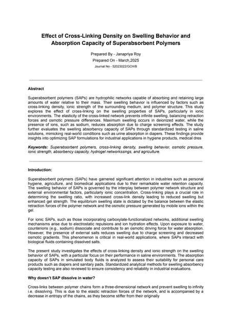 Effect Of Cross Linking Density On Swelling Behavior And Absorption