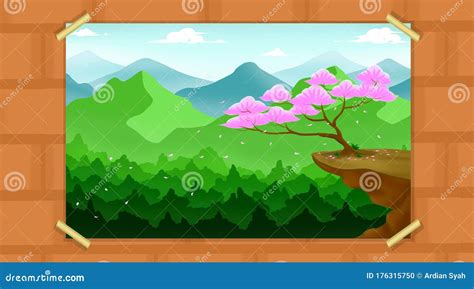 Cherry Blossom Tree On The Mountain Cliff Stock Illustration Illustration Of Forest Summer
