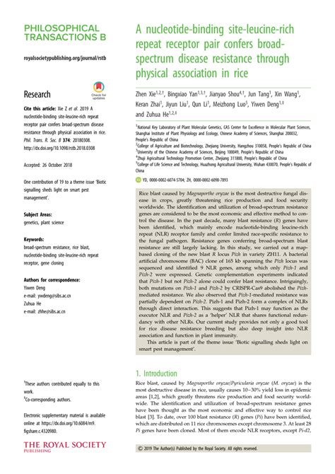 Pdf A Nucleotide Binding Site Leucine Rich Repeat Receptor Pair Confers Broad Spectrum Disease