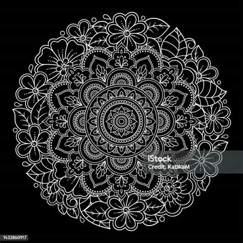 색칠 공부 책 페이지에 대한 멘디 스타일의 둥근 꽃 패턴을 윤곽 성인과 어린이를위한 안티 스트레스 흑백의 낙서 장식 손 그리기 벡터 그림 강렬하고 밝은 색상에 대한 스톡