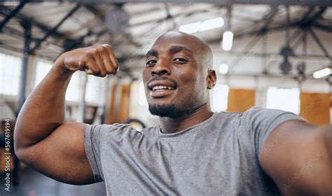 Selfie Portrait Fitness And Black Man With Muscle In Gym Show Biceps