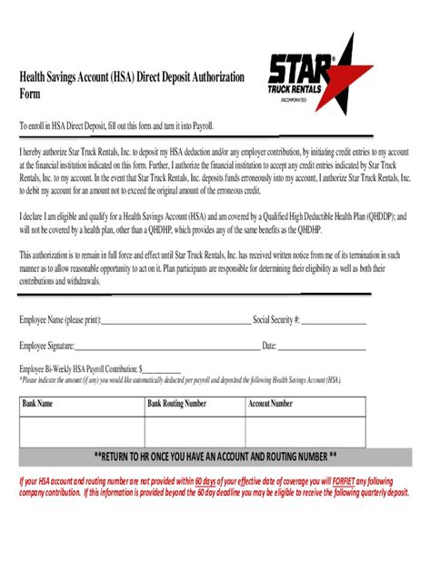 Fillable Online Health Savings Account Hsa Direct Deposit