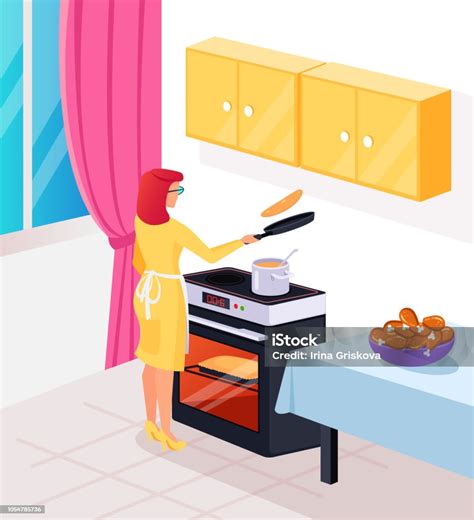 여자 집 아내 문자 요리 음식 요리 팬케이크를 준비 합니다 요리 그리고 청소 개념입니다 벡터 평면 만화 그래픽 디자인 일러스트 레이 션 가구에 대한 스톡 벡터 아트 및 기타