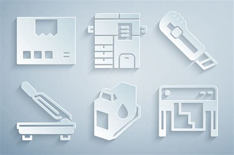 프린터 잉크 카트리지 문구 칼 종이 커터 플로터 복사기 및 판지 판지 상자 아이콘을 설정합니다 벡터 3차원 형태에 대한 스톡 벡터 아트 및 기타 이미지 Istock