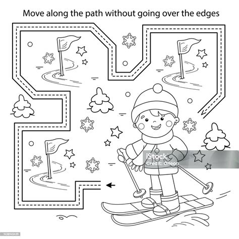 필기 연습 시트 간단한 교육 게임 또는 미로 만화 소년 스키의 색칠 페이지 개요 겨울 스포츠 아이들을위한 색칠하기 책 겨울에