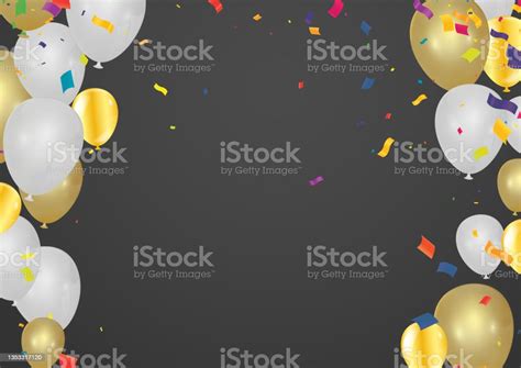 벡터 디자인 색종이와 황금 색 풍선 밝은 배경에 리본 축제 일러스트레이션 인사말 카드 3차원 형태에 대한 스톡 벡터 아트 및