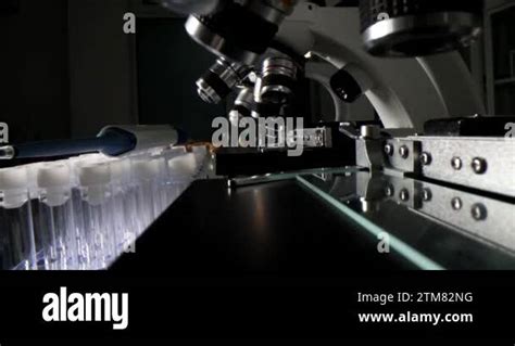 Closeup Of Observing Magnification Of Lens Of Scientific Microscope In Laboratory Types Of