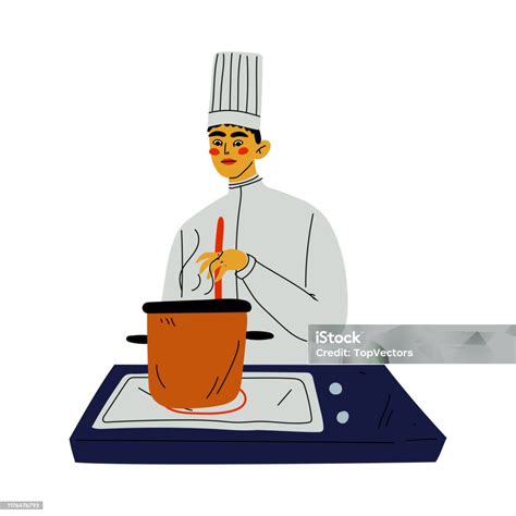 전문 남성 요리사 요리 키치너 캐릭터 를 입고 클래식 전통적인 흰색 유니폼 작업 에서 레스토랑 또는 카페 벡터 일러스트 그릇에