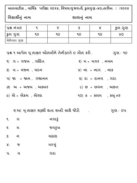 Std Balvatika Gujarati Que Paper Varshik Exam 2024 Pdf