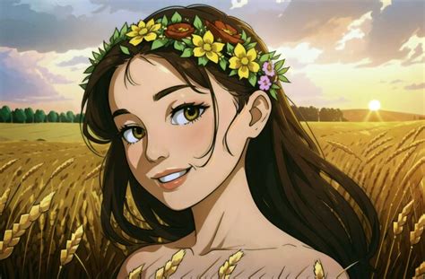 Premium Photo Portrait Of A Beautiful Girl In A Wreath Of Flowers On A Wheat Field Generative Ai