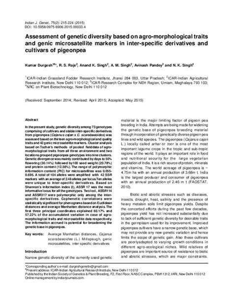 Pdf Assessment Of Genetic Diversity Based On Agro Morphological