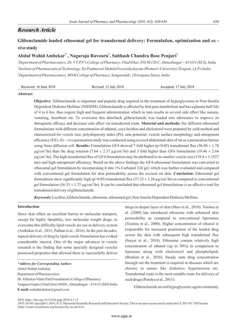 Pdf Glibenclamide Loaded Ethosomal Gel For Transdermal Delivery