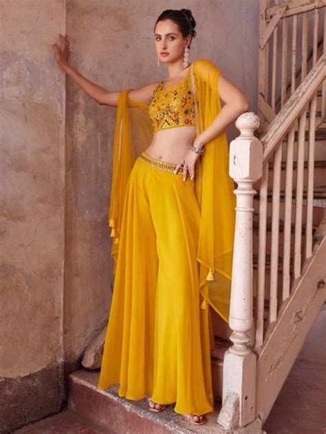 Buy Black Embroidered Georgette Crop Top Palazzo With Strug From Ethnic