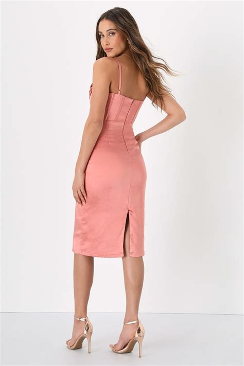 Pink Satin Midi Dress Cowl Neck Dress Bustier Midi Dress Lulus