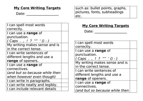 Core Writing Targets Self Peer Assessment Card 2nd Level Teaching Resources