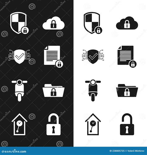 Set Document And Lock Cyber Security Shield With Cloud Computing Scooter And Folder Icon