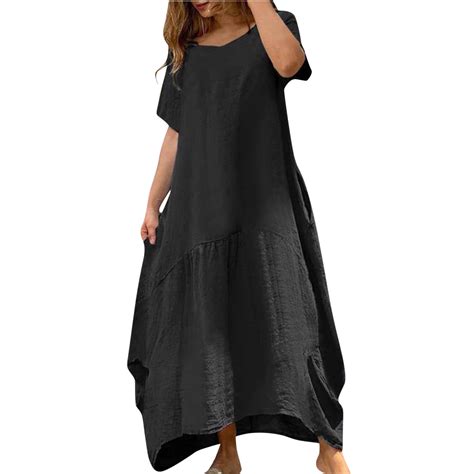 Ygbgbb Womens Plus Size Cotton Linen Summer Dresses Pleated Ruffle