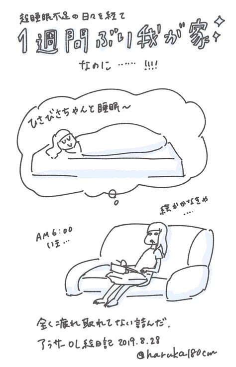 「久々の睡眠を棒に振って、今部屋で静かに泣いてます 疲れ取れない 出張のため簡易絵日記です 」はるか180cm｜1231日