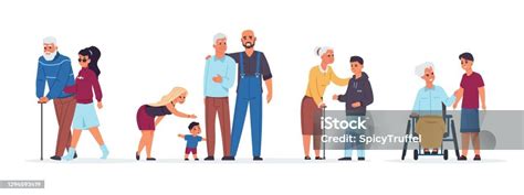 친척이있는 노인 어린이와 노인 회원과 만화 가족 쾌활한 남성과 여성은 노인 부모를 지원합니다 은퇴자 인상 손주 벡터 격리 세트 가족에 대한 스톡 벡터 아트 및 기타 이미지