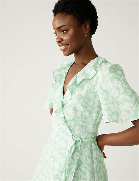 Buy Linen Rich Floral V Neck Midi Wrap Dress At Marks And Spencer