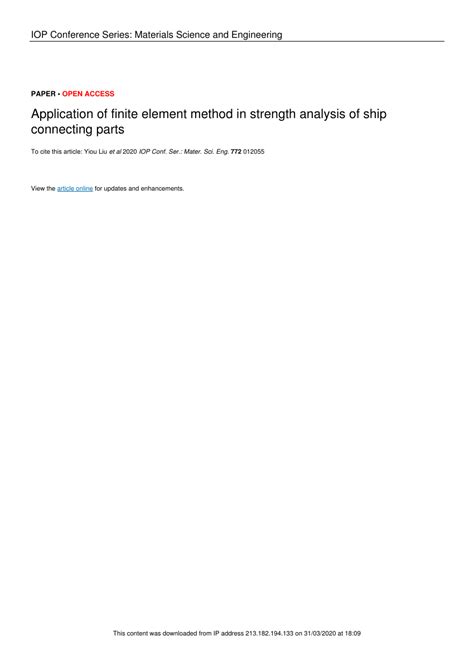 PDF Application Of Finite Element Method In Strength Analysis Of Ship Connecting Parts