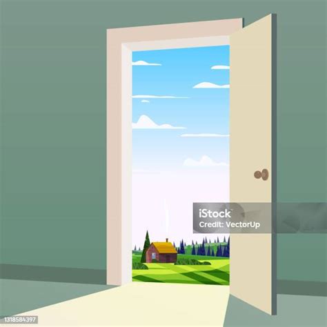 자연의 길을 열어 조경 계곡은 자유 새로운 길 출구 발견 기회를 상징합니다 현실 세계에 동기 부여 개념 벡터 일러스트 만화 스타일 포스터 배너 멀리 떨어진에 대한 스톡 벡터