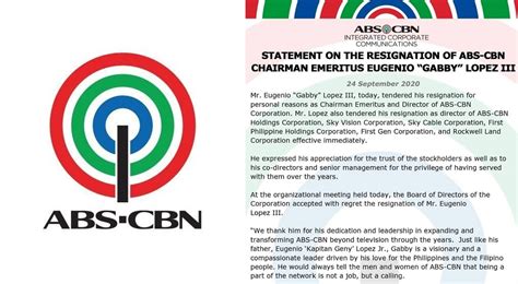 Statement On The Resignation Of Abs Cbn Chairman Emeritus Eugenio