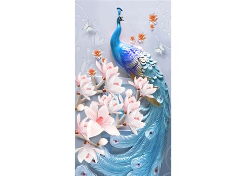 A058579 中式玄关浮雕 孔雀玉兰高清壁画素材 壁画电视背景墙沙发背景墙壁画素材