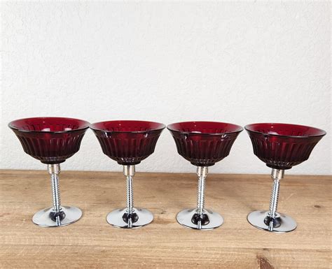Vintage Martinsville Ruby Red Wine Goblet Chrome Stem 1960s Set Of
