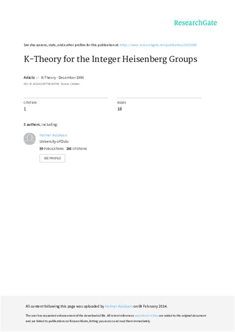 Pdf K Theory For The Integer Heisenberg Groups Helmer Aslaksen