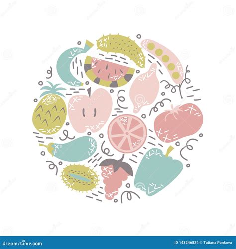 Frutas Y Verduras Planas En Estilo De La Historieta Con Garabatos