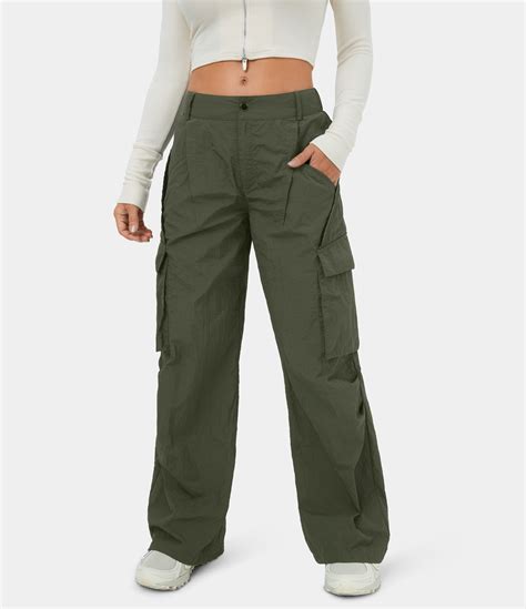 Womens Low Rise Belted Button Zipper Side Pocket Wide Leg Casual Cargo