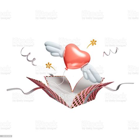 열린 선물 상자 클리핑 패스가 있는 분홍색 배경에 격리된 하트 모양 날개 3d 렌더링 일러스트레이션이 있는 해피 발렌타인 데이 2월에 대한 스톡 사진 및 기타 이미지