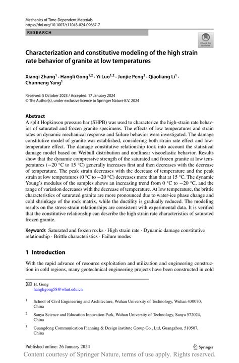 Characterization And Constitutive Modeling Of The High Strain Rate Behavior Of Granite At Low