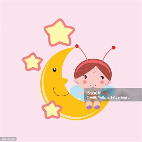 Lucu Gadisgadis Kecil Peri Duduk Di Bulan Sabit Karakter Kartun