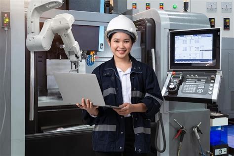 Premium Photo Maintenance Female Engineer Using Laptop Computer Control Automatic Robotic Hand