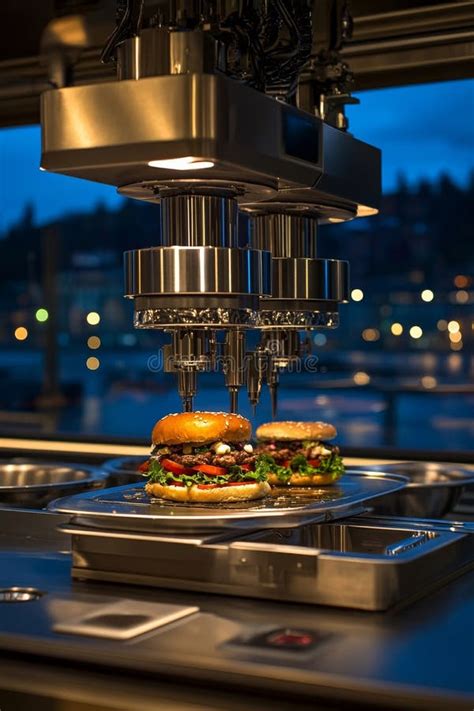 Automated Burger Chef Robotic Arms Assembling Gourmet Burgers Modern