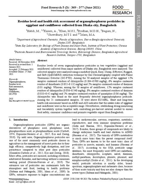 Residue Level And Health Risk Assessment Of Organophosphorus Pesticides In Eggplant And