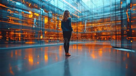 A Woman Exploring A Smart Building Enhanced With Ai Video Analytics During A Modern Urban