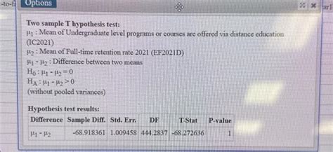 Solved Two Sample T Hypothesis Test μ1 Mean Of