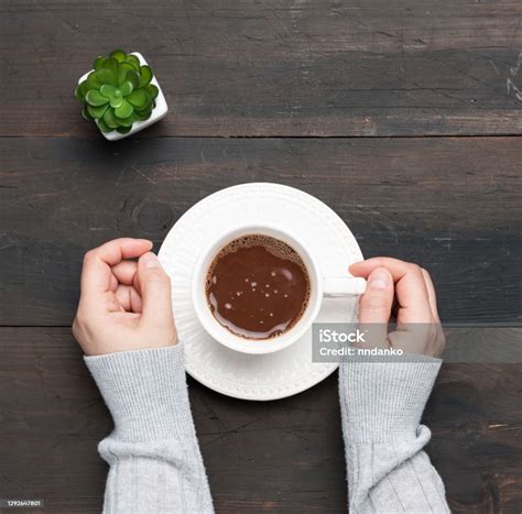 갈색 테이블에 커피와 두 개의 여성 손을 가진 흰색 세라믹 컵 갈색에 대한 스톡 사진 및 기타 이미지 갈색 계절 꽃 식물